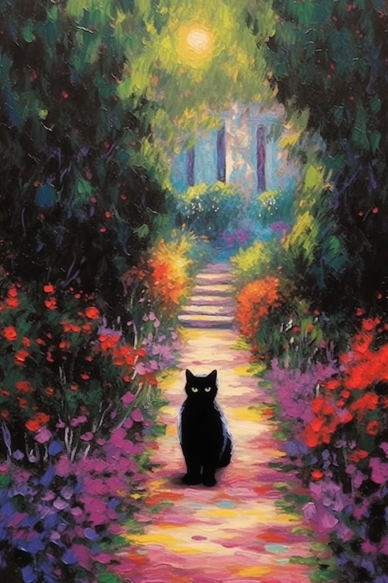 Clawed Monet Garden Cat Print, Claude Monet Flowers Cat Print, Cat Art ...