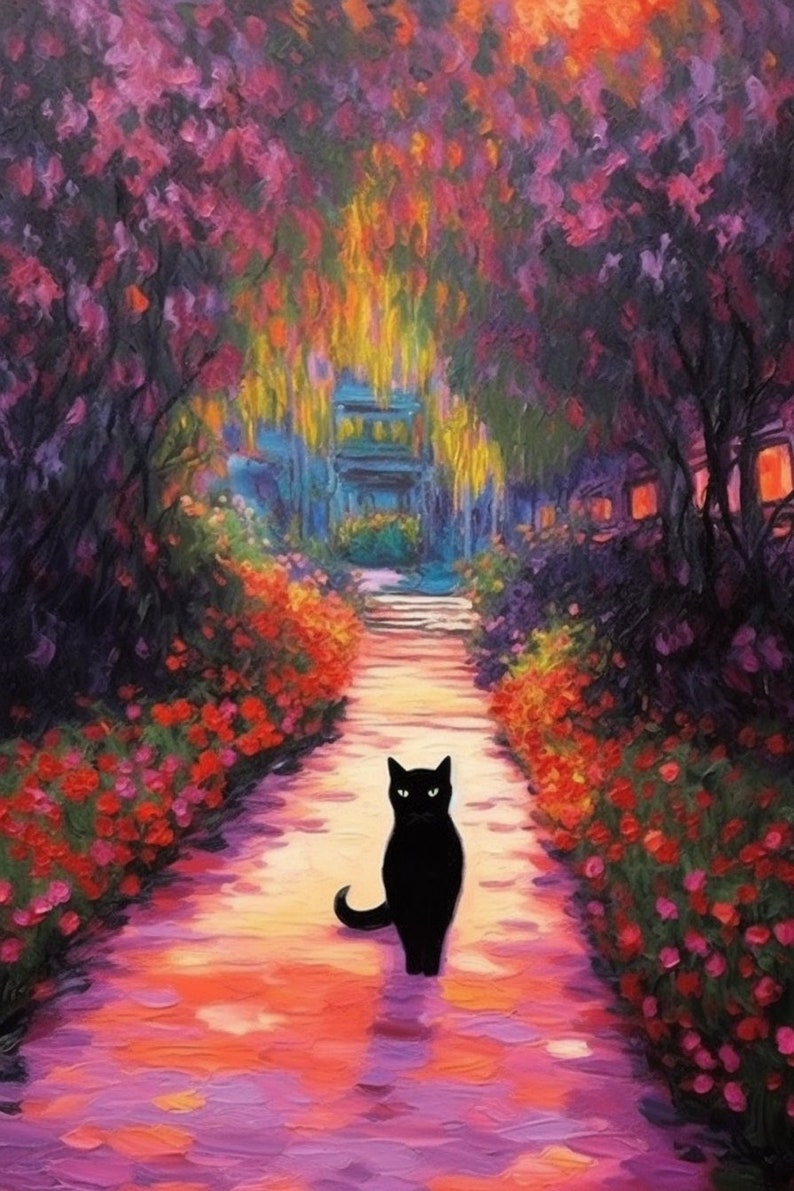 Clawed Monet Garden Cat Print, Claude Monet Flowers Cat Print, Cat Art ...