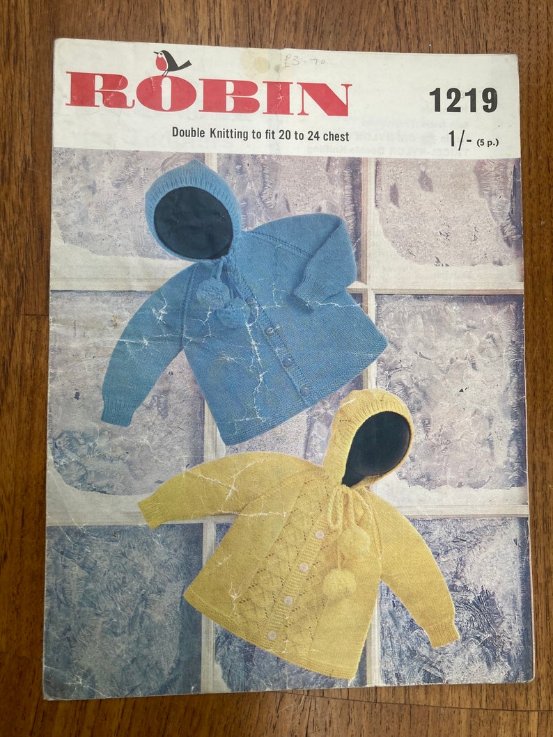 Original Vintage Paper Knitting Pattern Baby Cardigan Robin Double Knitting 1219 to Fit 20 to 24 ...