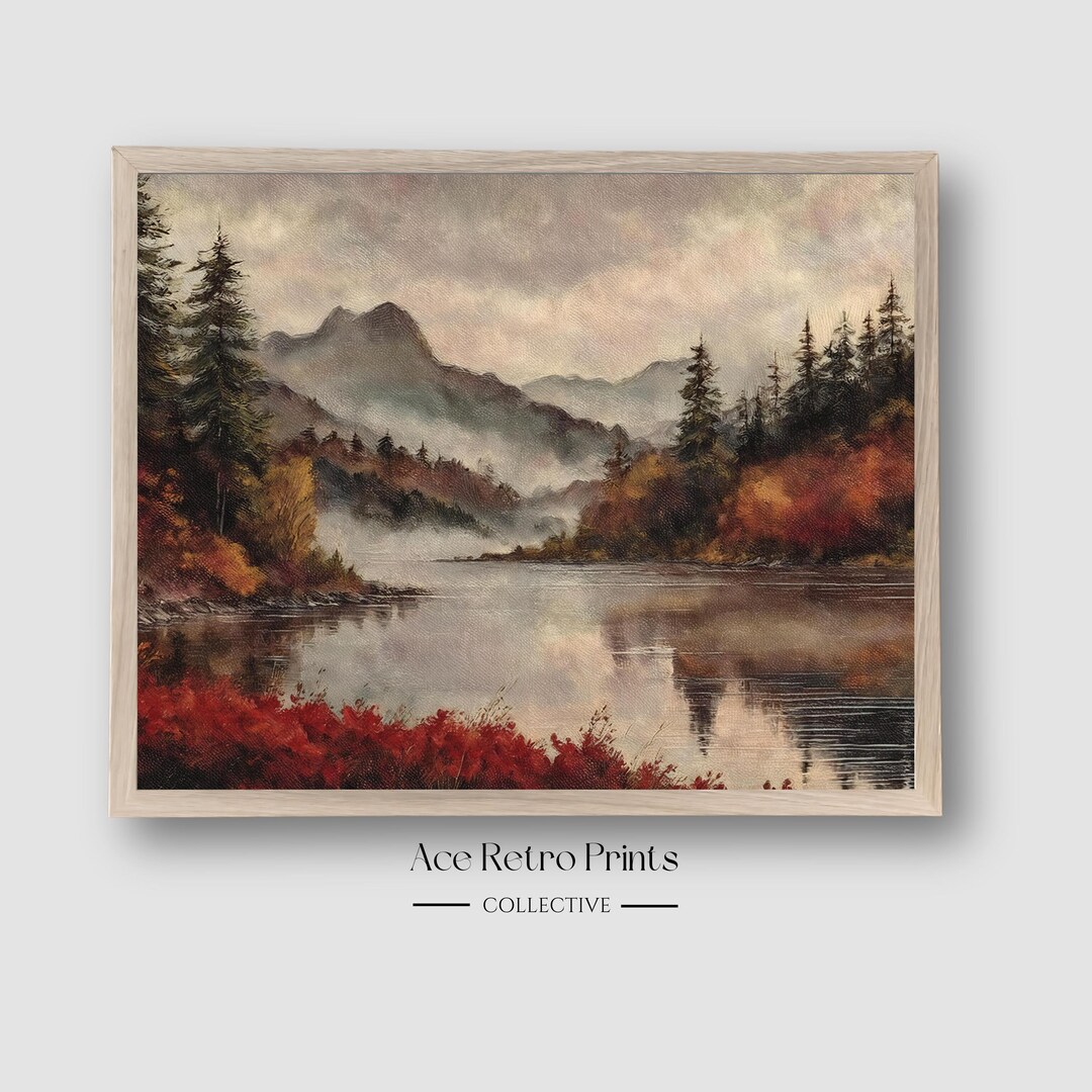 Autumn Lake Landscape Painting Printable, Fall River Mountain Landscape ...