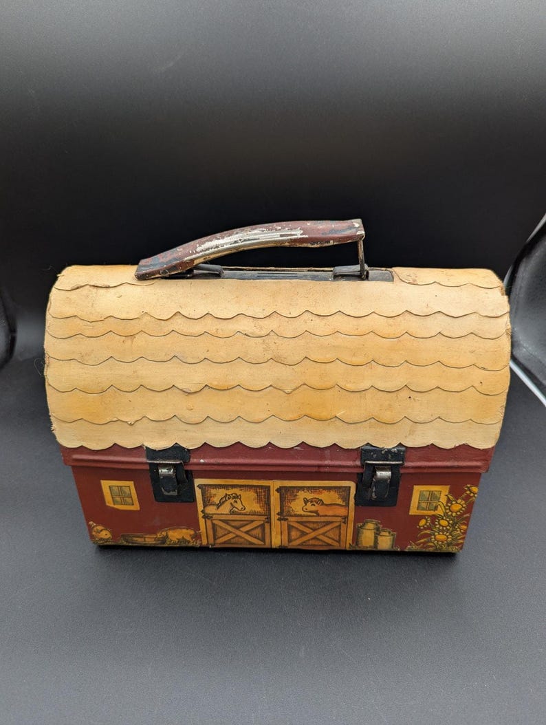Vintage Tin Barn Lunchbox (1940s–50s) • Farm Scene Lithograph • Metal ...