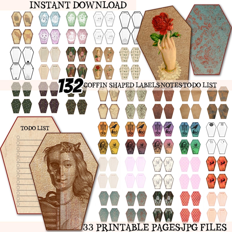Mega Bundle PRINTABLE Coffin Digital Memo Cards Sheet Skull to Do List ...