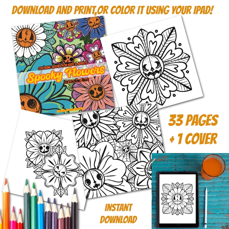 PRINTABLE Retro Spooky Flowers Coloring Book for All Ages-digital ...