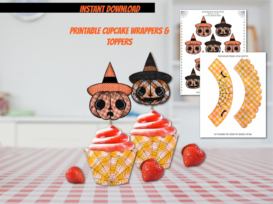 PRINTABLE Halloween Cupcake Toppers and Wrappers Vintage Pumpkin ...