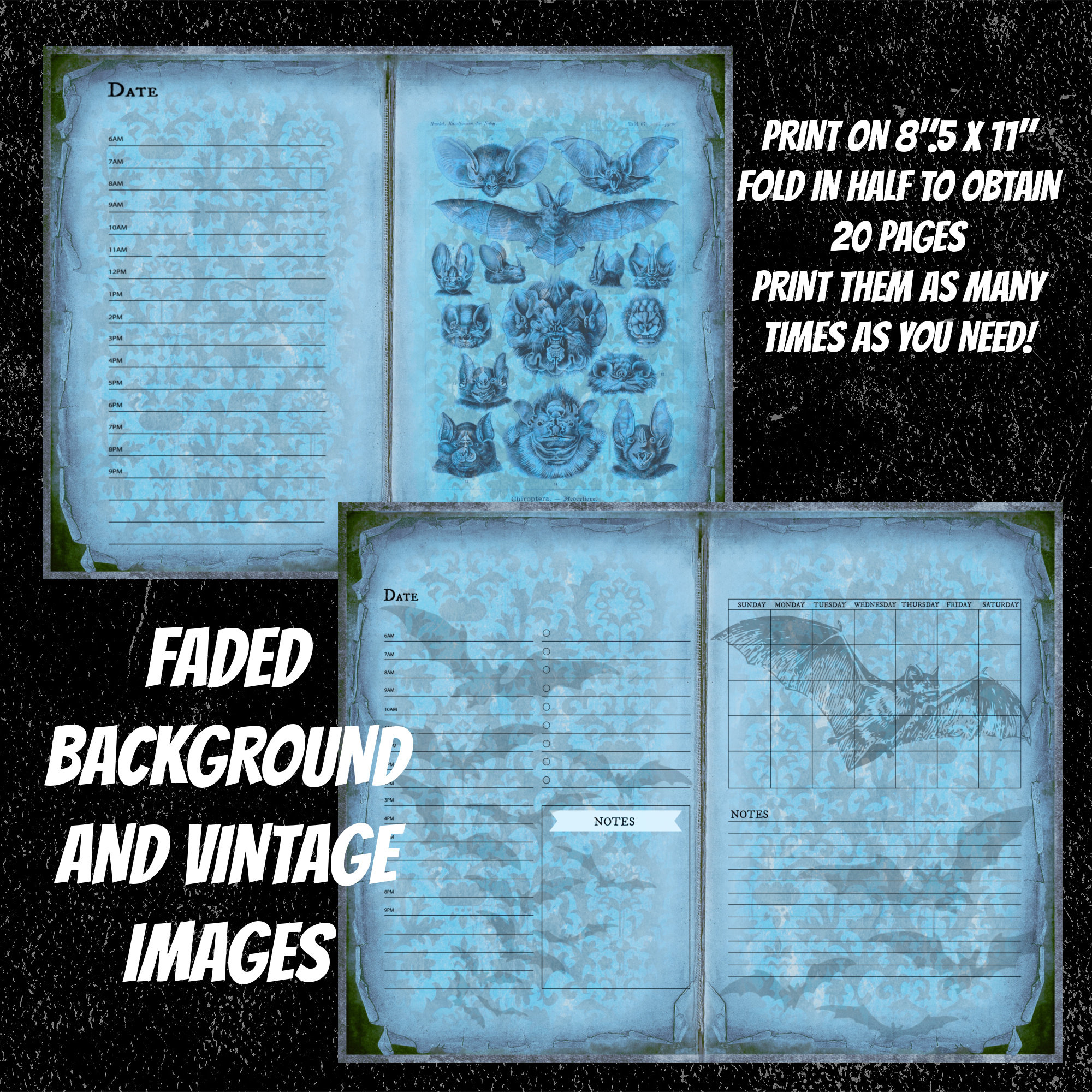 PRINTABLE Vintage Goth Bat Perpetual Calendar Planner Junk Journal ...