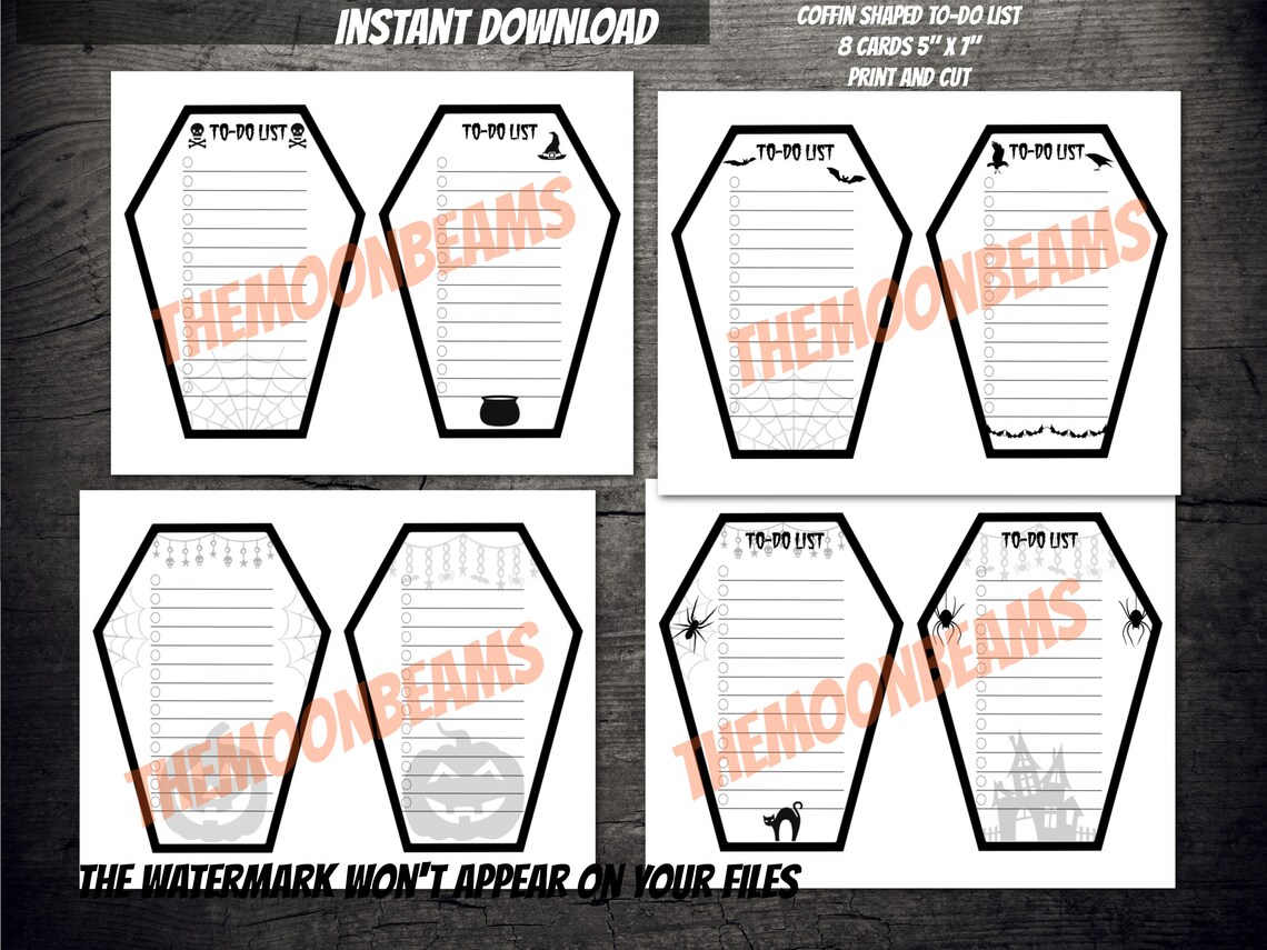PRINTABLE to Do List Bundle Digital Halloween Coffin Shaped Note Cards ...