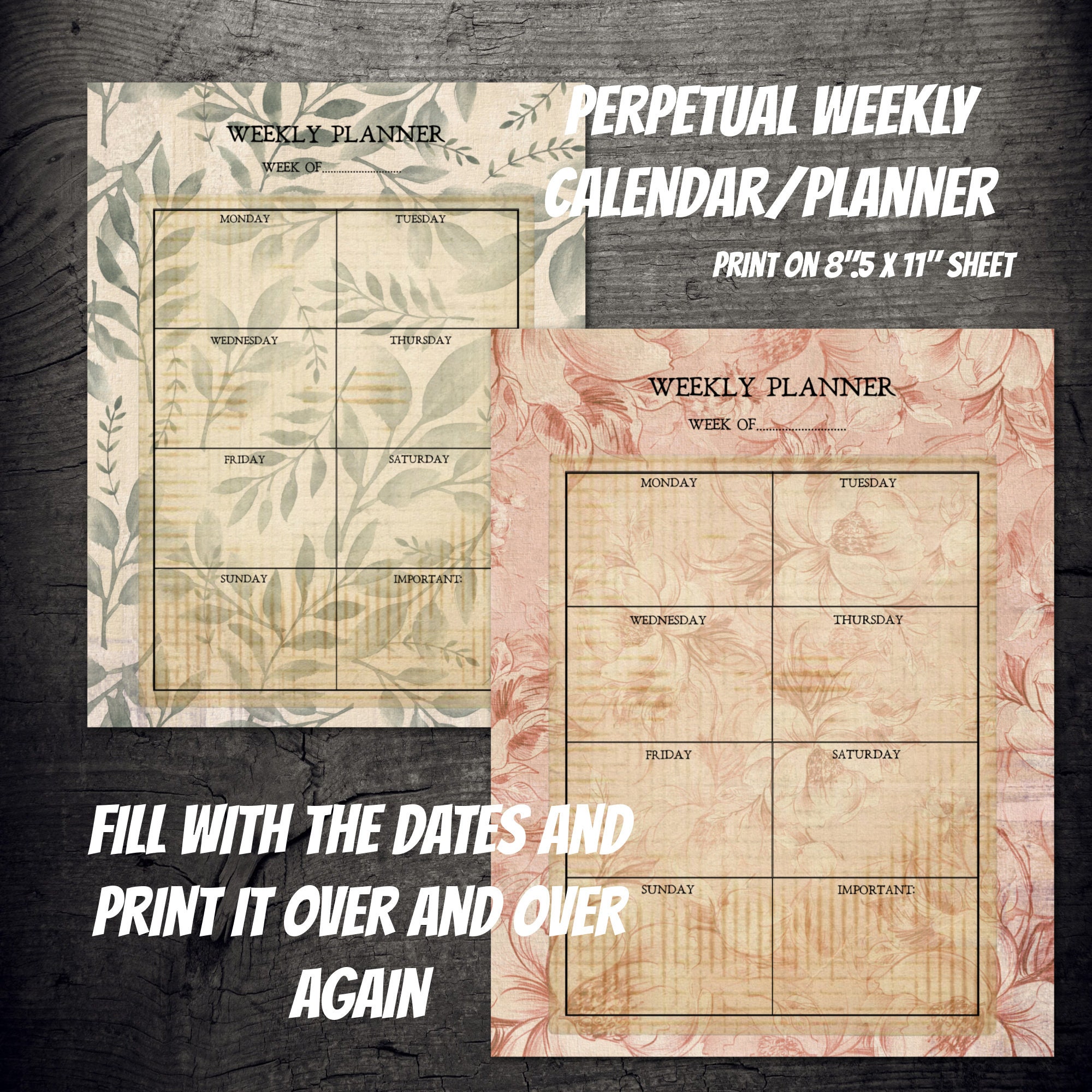 PRINTABLE Vintage Floral Perpetual Weekly Planner Calendar Organization ...
