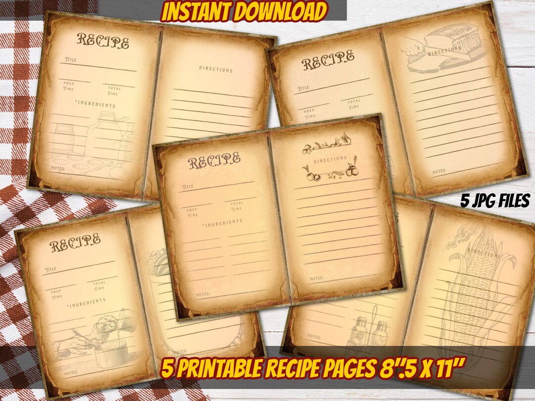 5 PRINTABLE Vintage Recipe Page Bundle-vintage Blank Recipe Card Diy ...