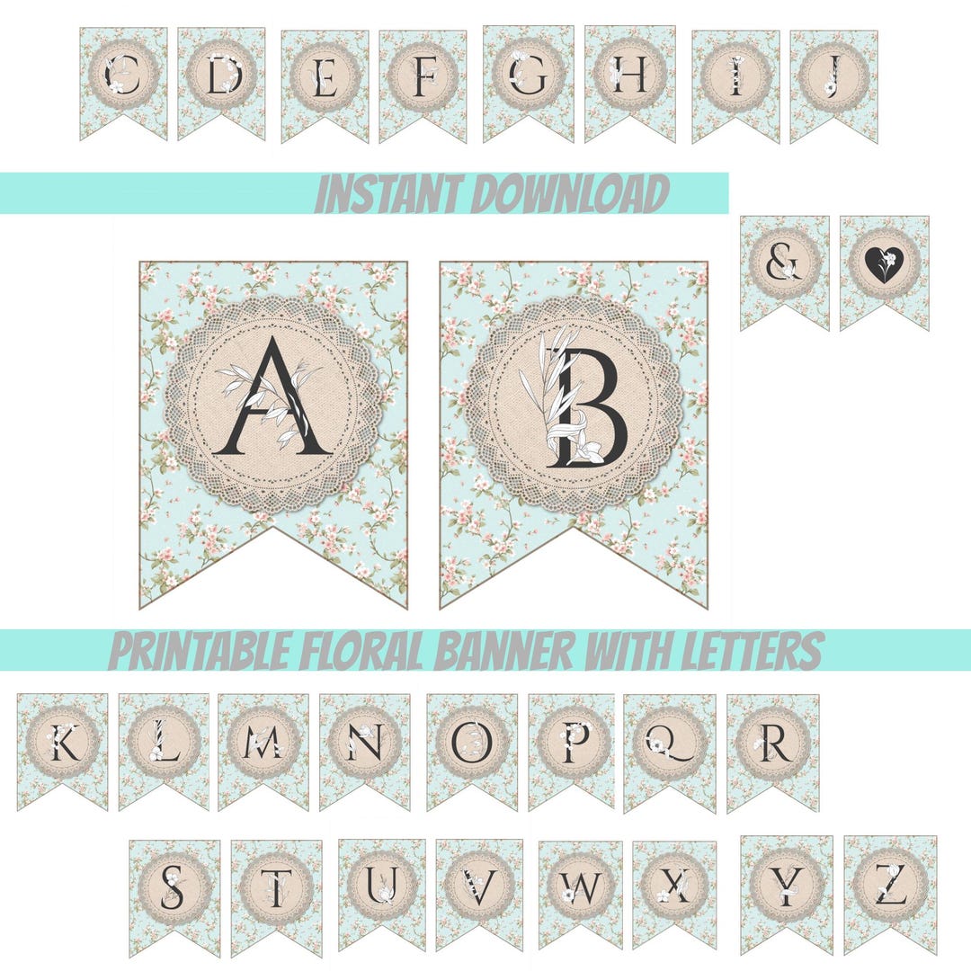 PRINTABLE Vintage Mint Floral Alphabet Bunting Banner Digital Download ...