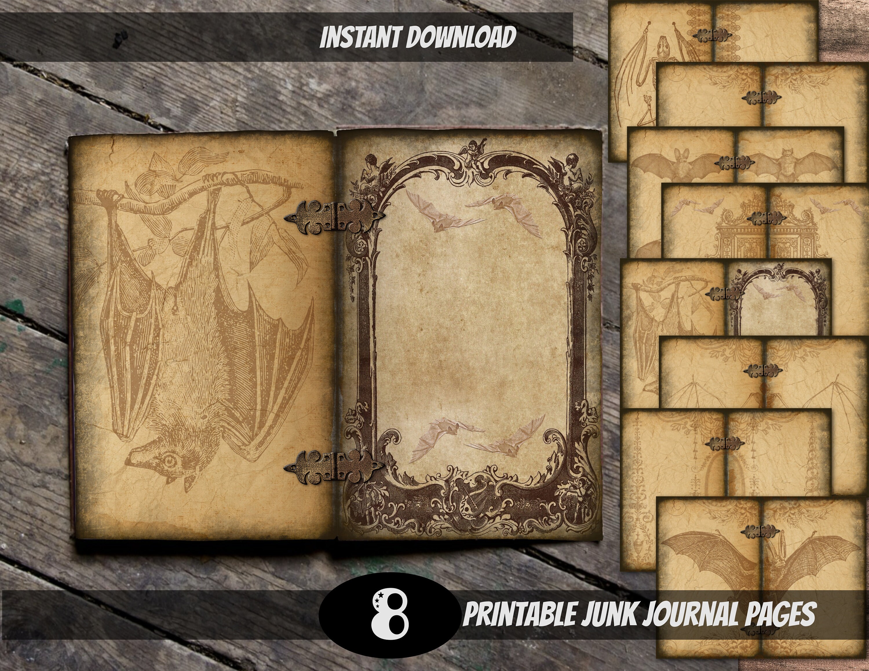 8 PRINTABLE Vintage Bats Junk Journal Lined Pages Digital Download ...