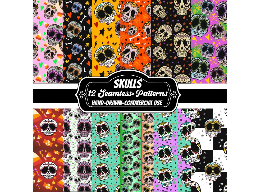 12 Hand Drawn Commercial Use Printable Skull Seamless Papers Bundle ...