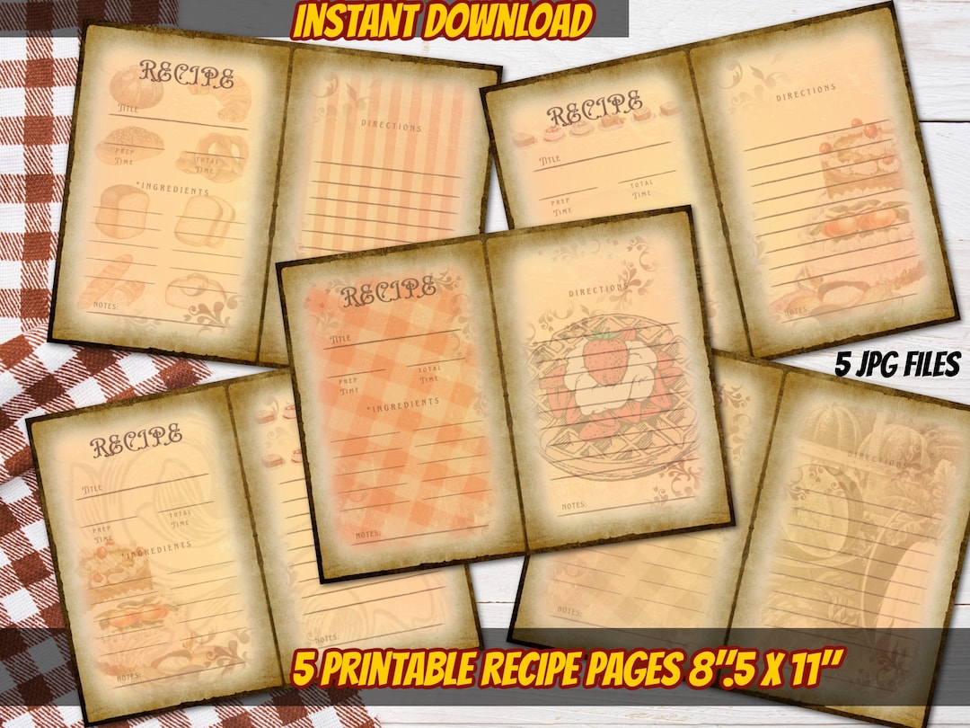 5 PRINTABLE Vintage Blank Recipe Junk Journal Pages-diy Recipe Book ...