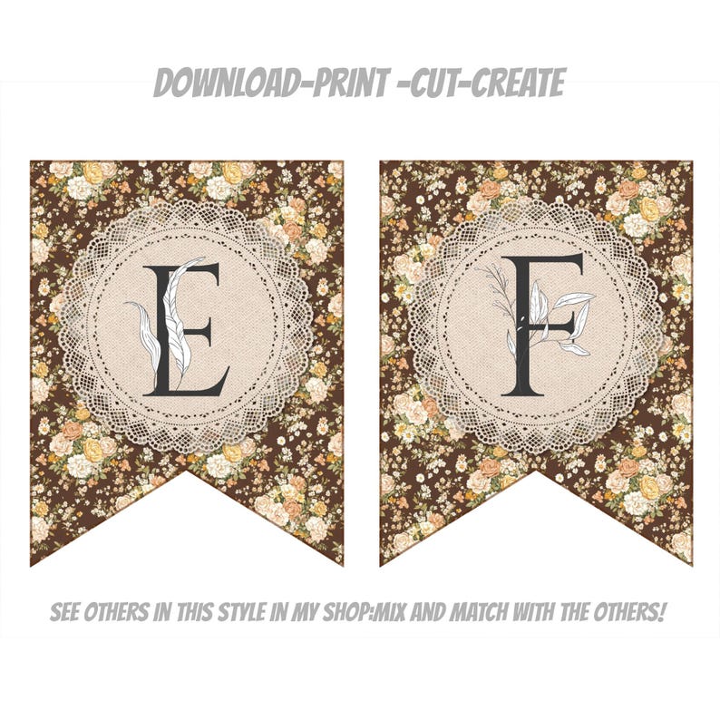 PRINTABLE Vintage Brown Floral Wall Paper Alphabet Bunting Banner ...