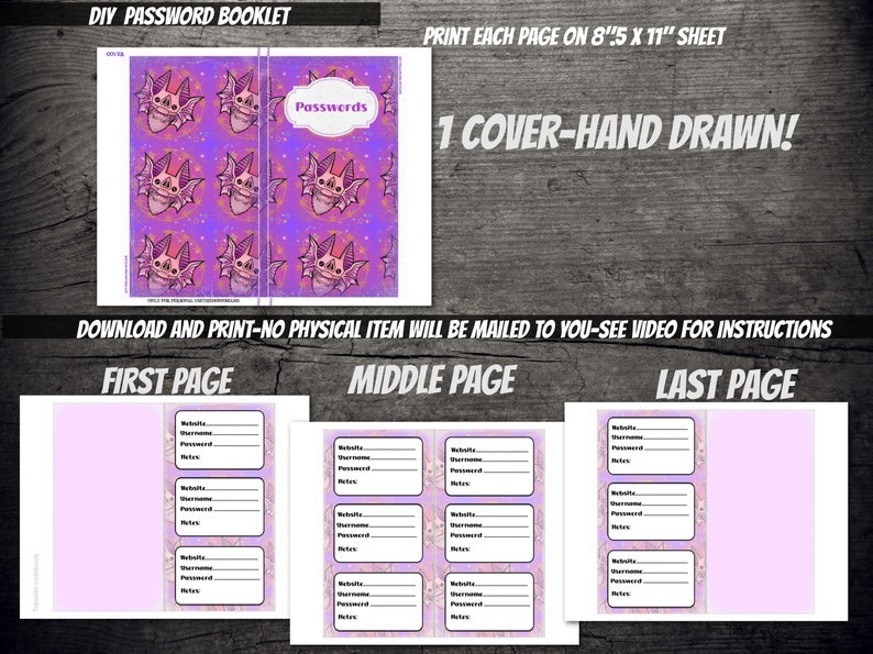 PRINTABLE Password Tracker Booklet-pastel Goth Bat Traveler Notebook ...