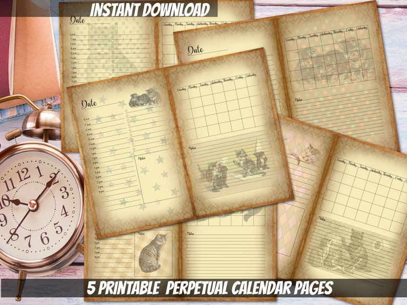 PRINTABLE Vintage Grungy Cat Lovers Perpetual Calendar Planner Junk ...