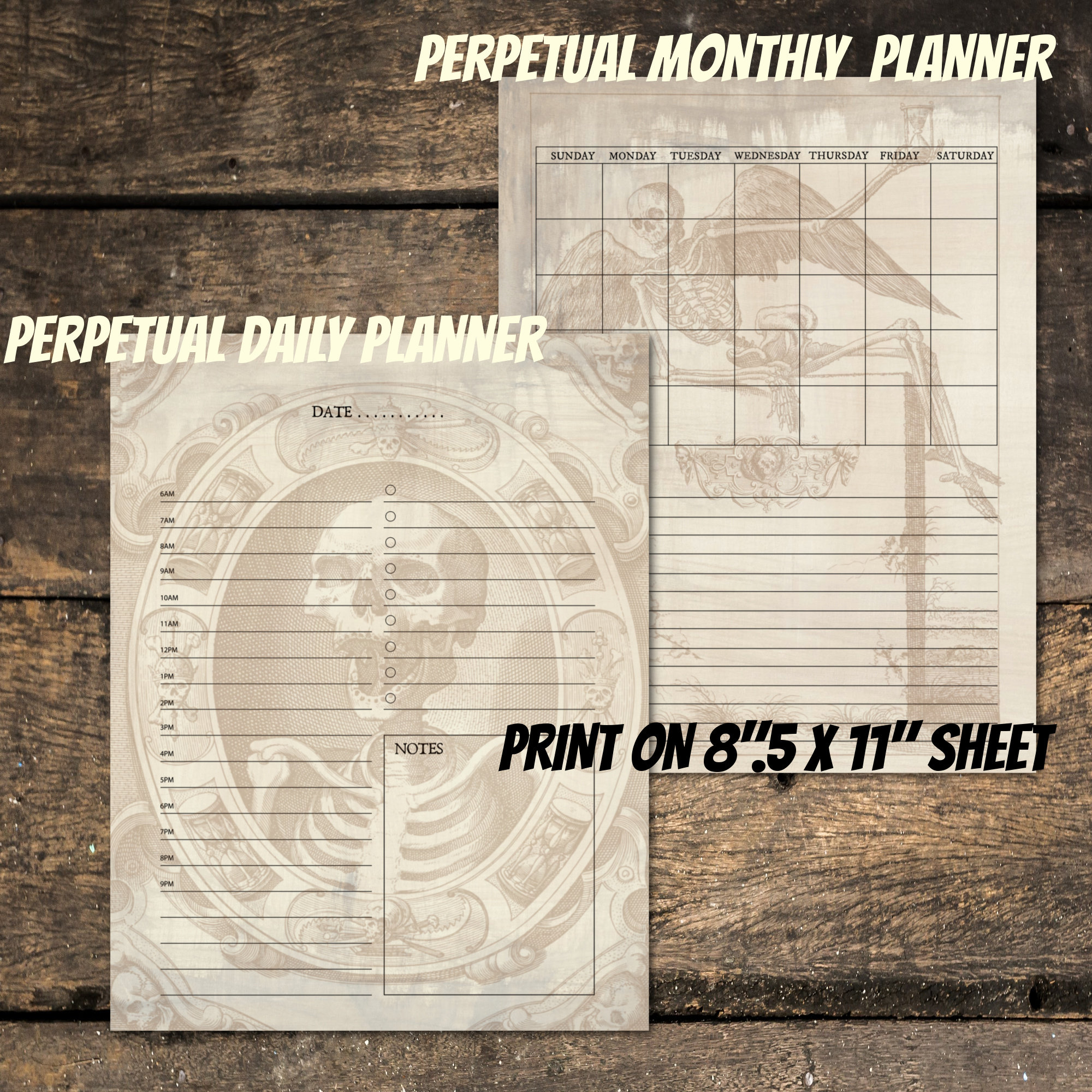 PRINTABLE Vintage Gothic Skull Perpetual Planner Calendar Organization ...