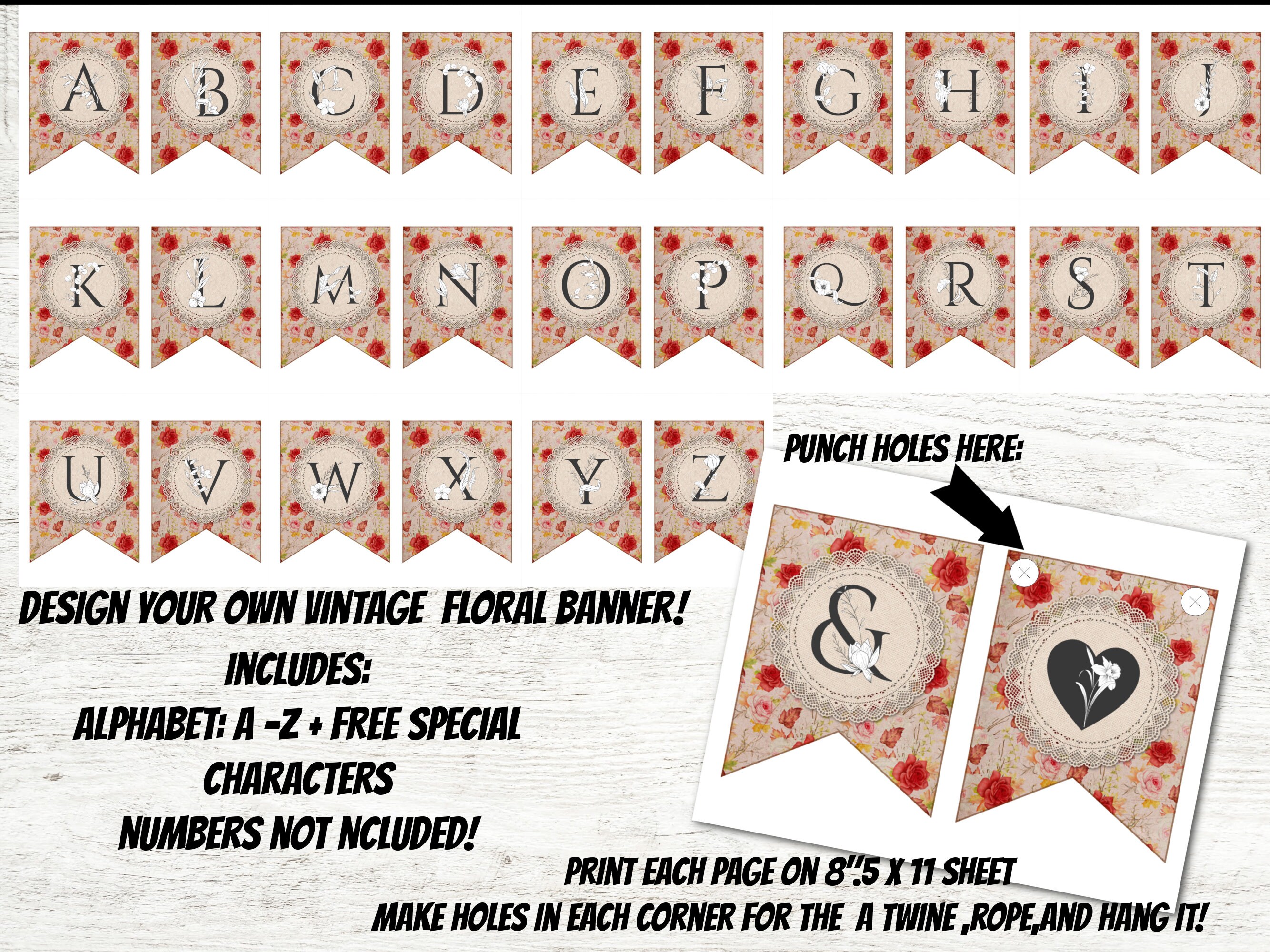 PRINTABLE Vintage Floral Alphabet Bunting Banner Digital Download Party ...