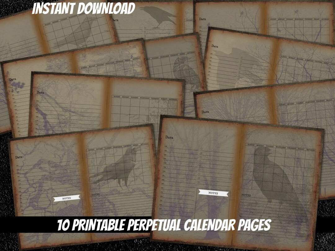 PRINTABLE Vintage Goth Grungy Crow Forest Perpetual Calendar Planner ...