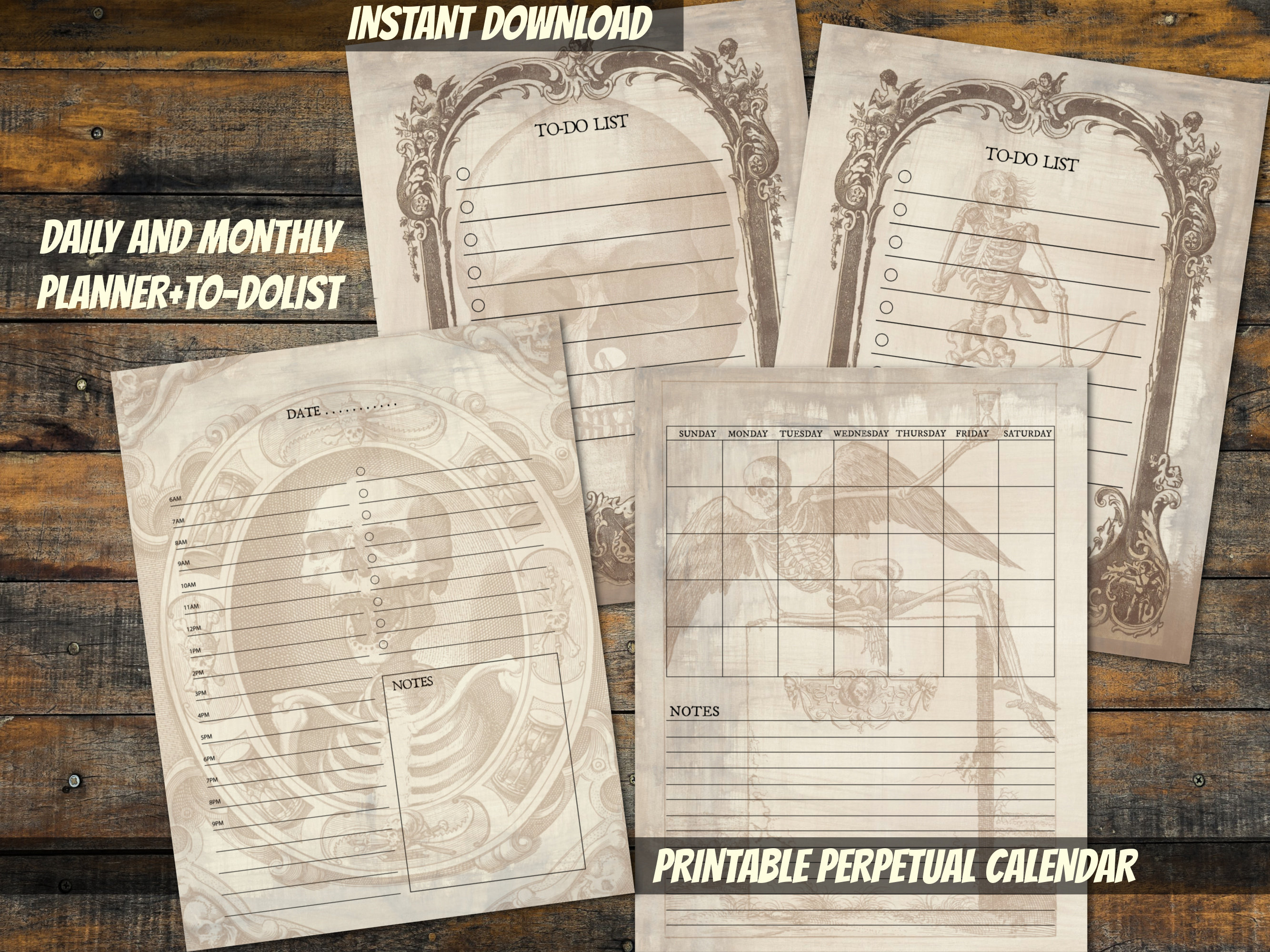 PRINTABLE Vintage Gothic Skull Perpetual Planner Calendar Organization ...