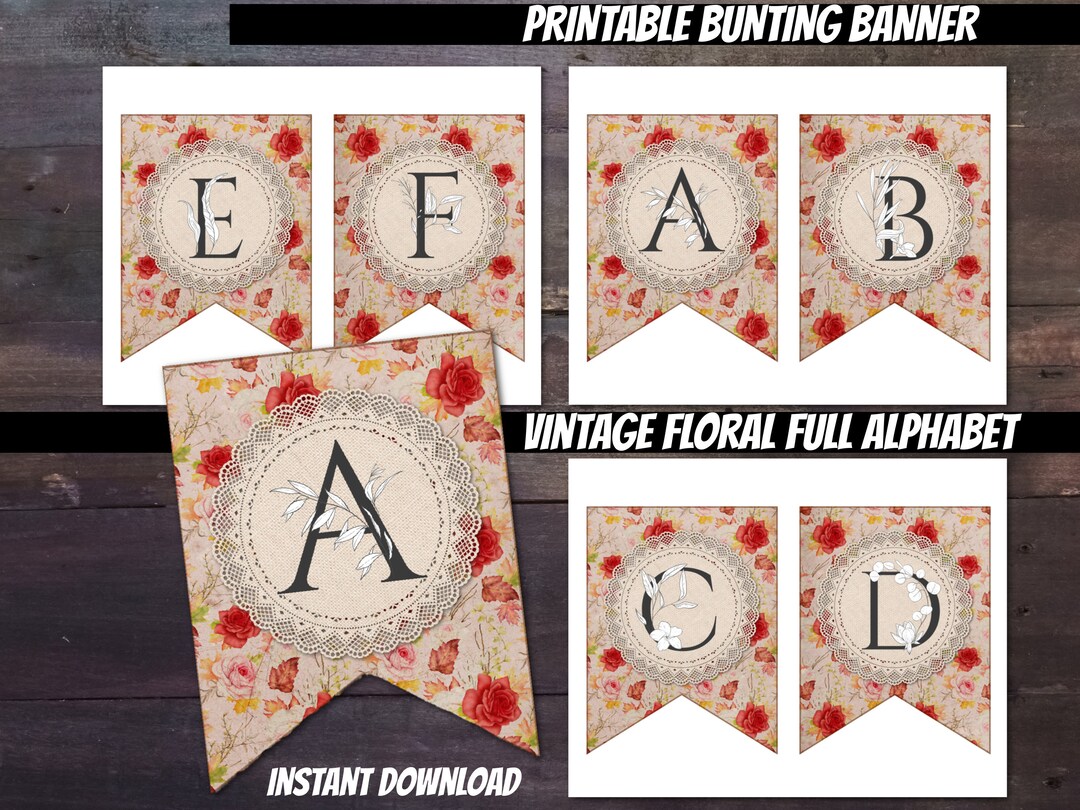PRINTABLE Vintage Floral Alphabet Bunting Banner Digital Download Party ...