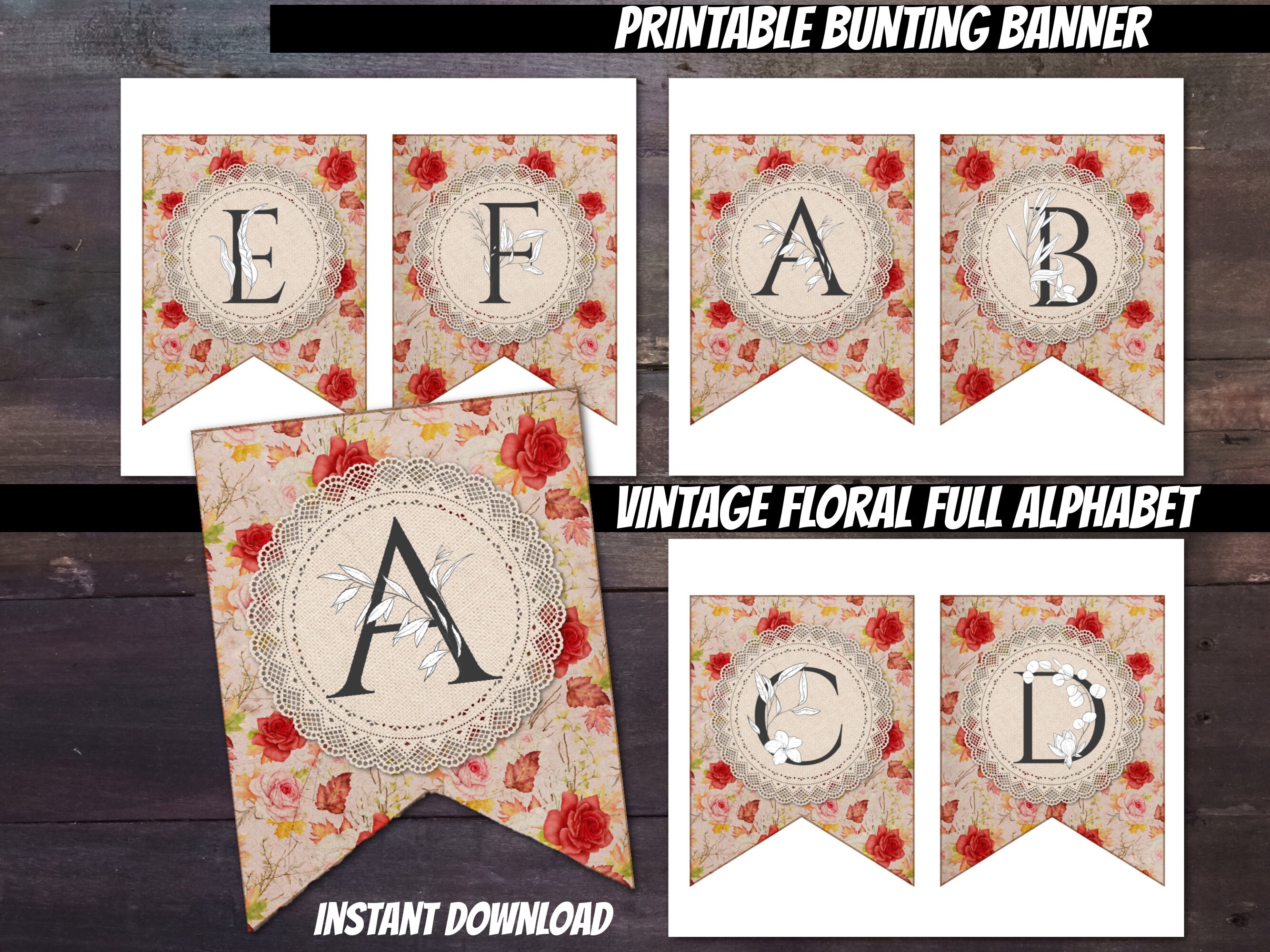 PRINTABLE Vintage Floral Alphabet Bunting Banner Digital Download Party ...