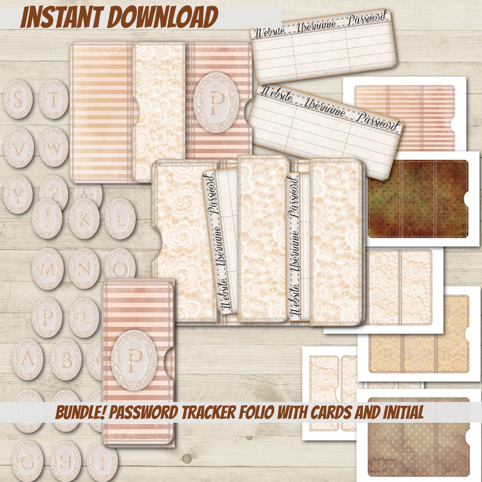 4 PRINTABLE Vintage Neutral Shabby Password Tracker Folios With Cards ...