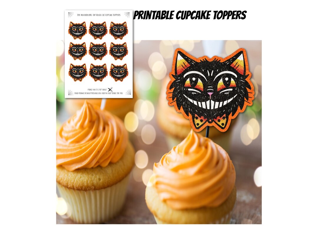 PRINTABLE Halloween Cupcake Toppers Vintage Black Cat Cupcake Toppers ...
