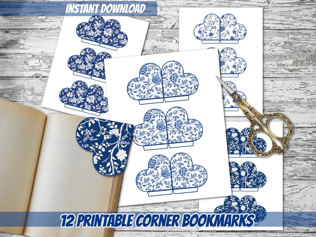 12 PRINTABLE Heart Shaped Corner Bookmark Bundle Digital Chinoiserie ...