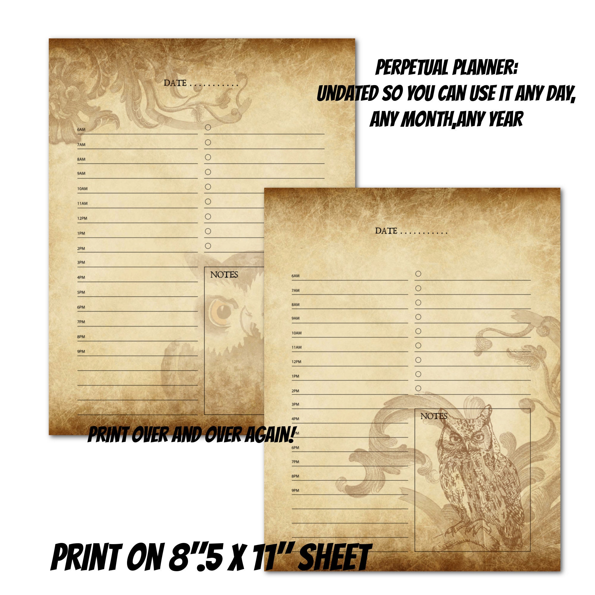 PRINTABLE Diy Vintage Owl Perpetual Daily Planner Calendar Bundle-faded ...