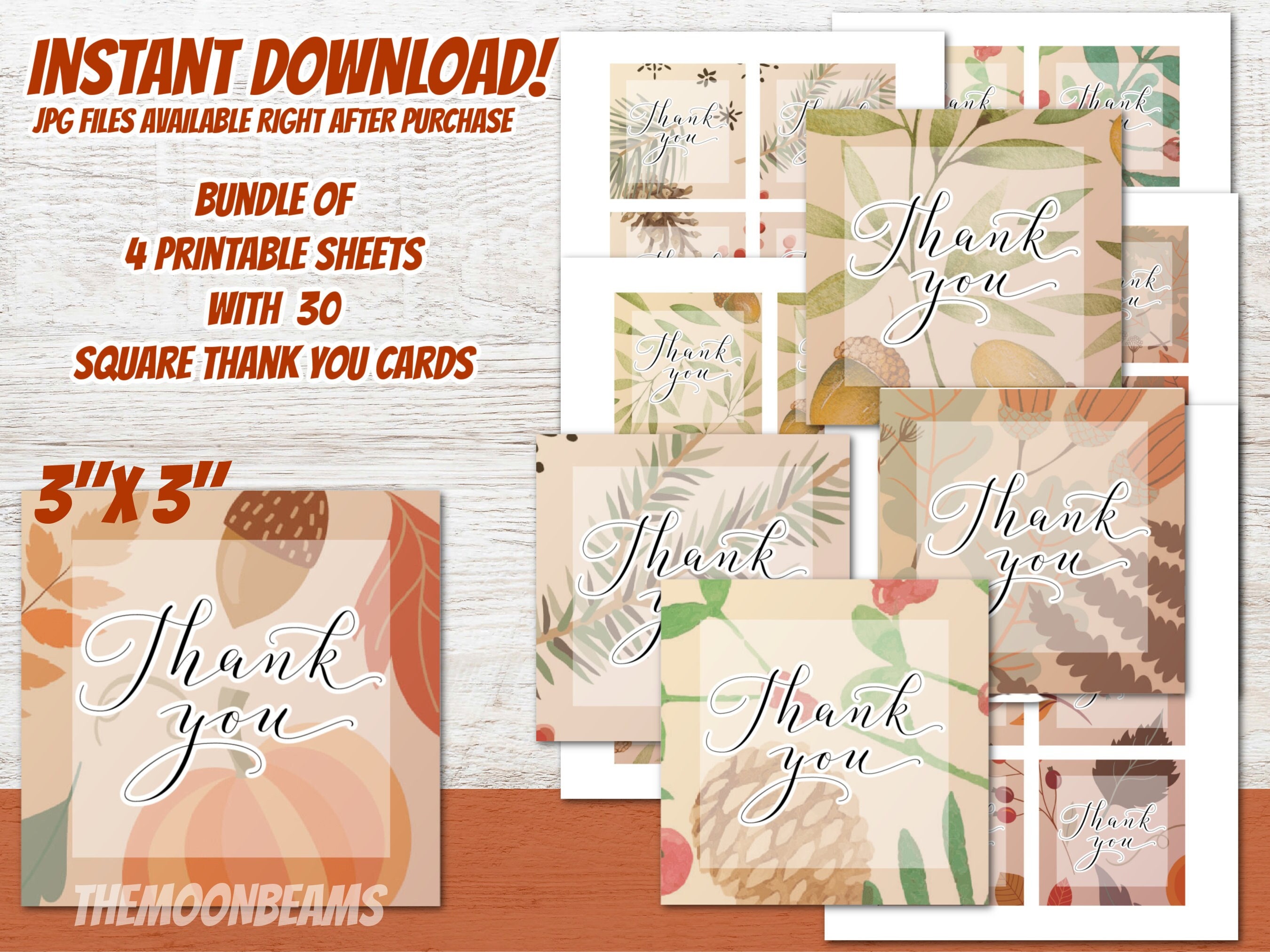 PRINTABLE Square Thank You Card Bundle-square Leaves Cards-neutral ...