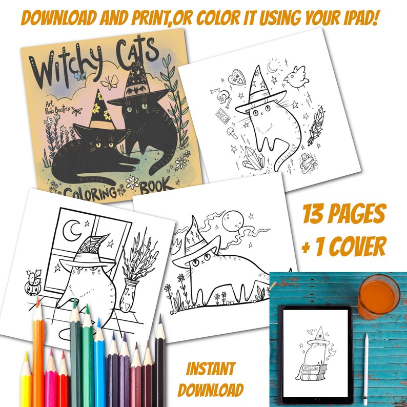 PRINTABLE Witchy Cats Coloring Book Spooky Cats Coloring Book Digital ...