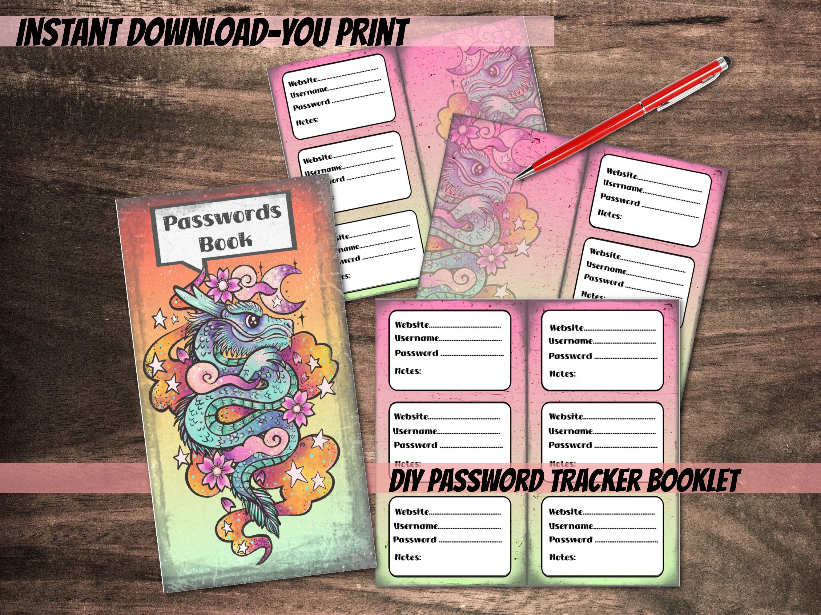 PRINTABLE Password Tracker Booklet-vintage Dragon Traveler Notebook DIY ...