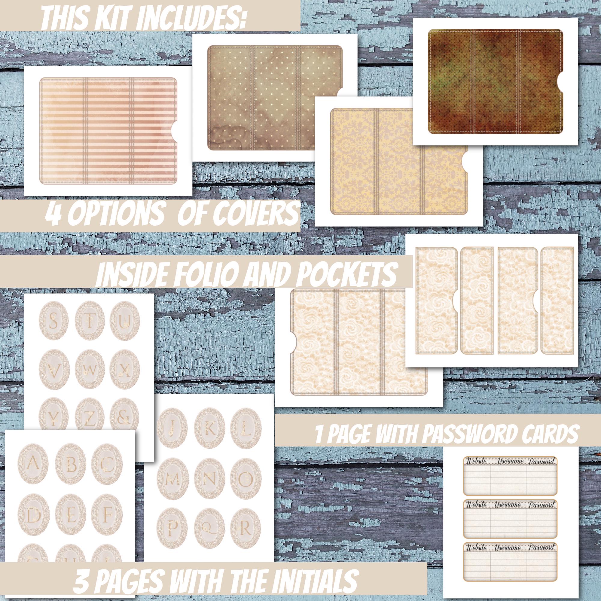 4 PRINTABLE Vintage Neutral Shabby Password Tracker Folios With Cards ...