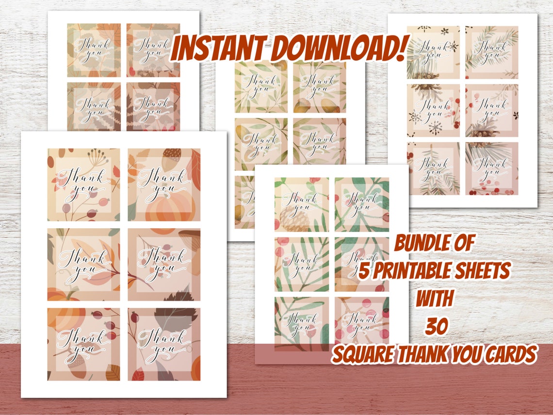 PRINTABLE Square Thank You Card Bundle-square Leaves Cards-neutral ...