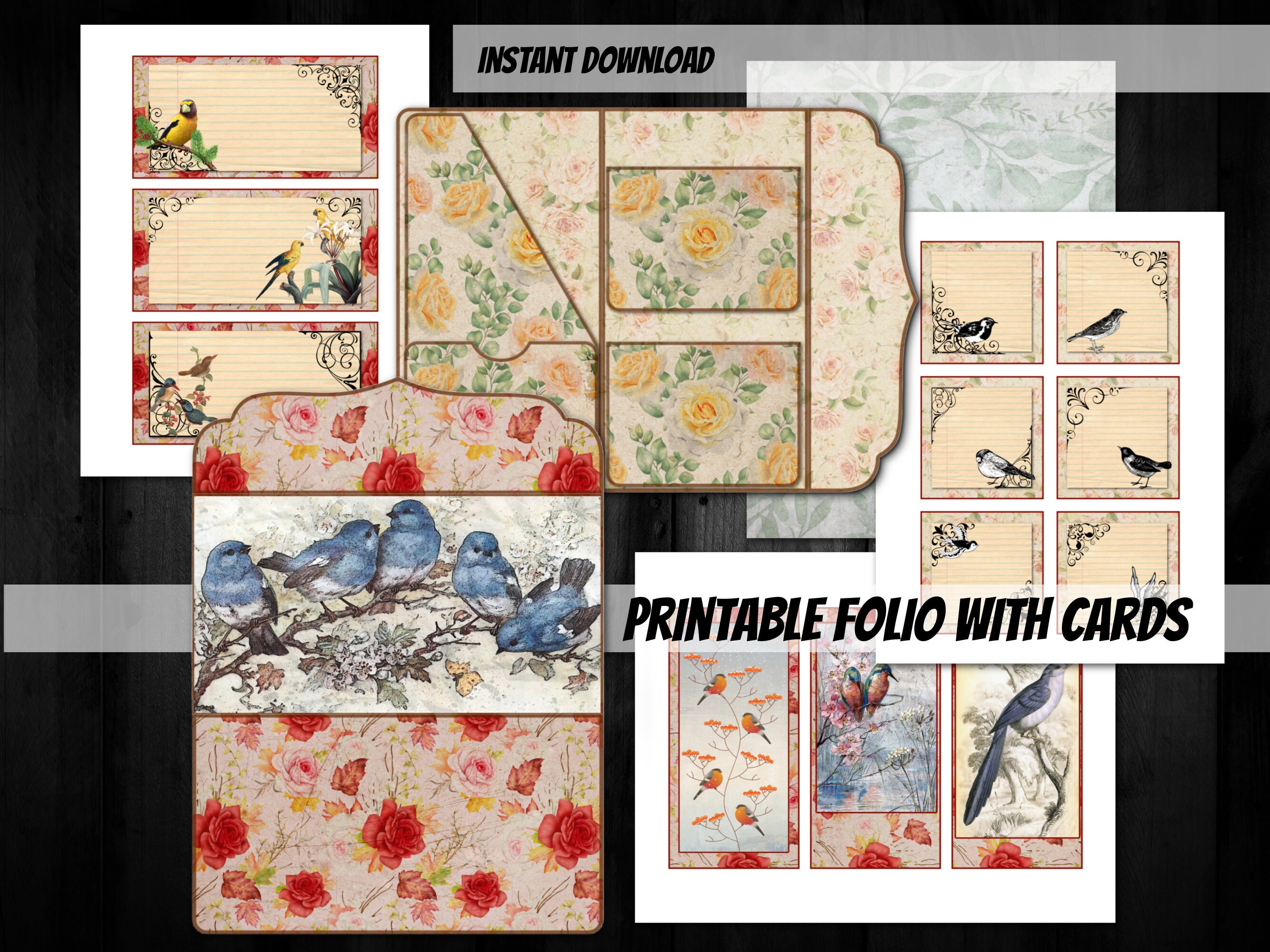 PRINTABLE Vintage Birds Junk Journal Folio Kit Floral Printable Folio ...