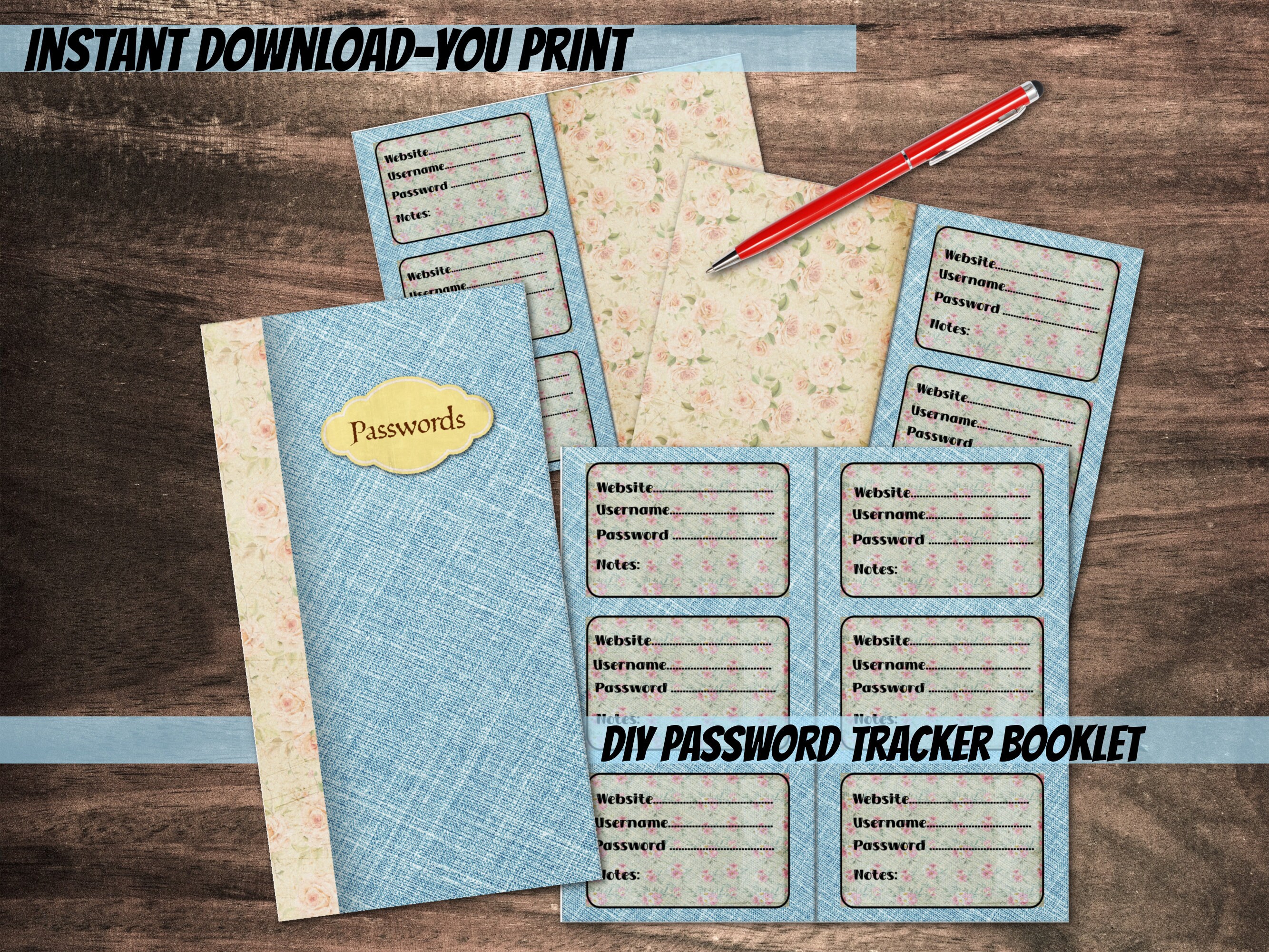PRINTABLE Password Tracker Booklet-denim and Floral Traveler Notebook ...