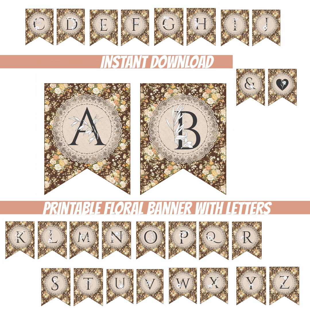 PRINTABLE Vintage Brown Floral Wall Paper Alphabet Bunting Banner ...