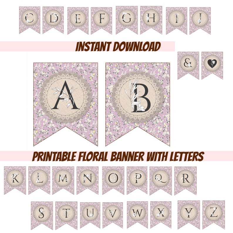 PRINTABLE Vintage Pink Floral Alphabet Bunting Banner Digital Download ...