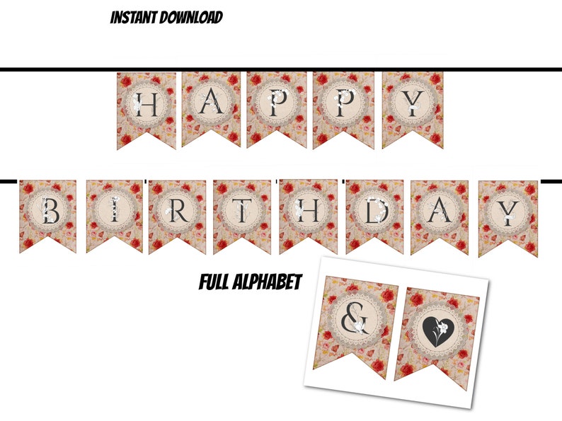PRINTABLE Vintage Floral Alphabet Bunting Banner Digital Download Party ...
