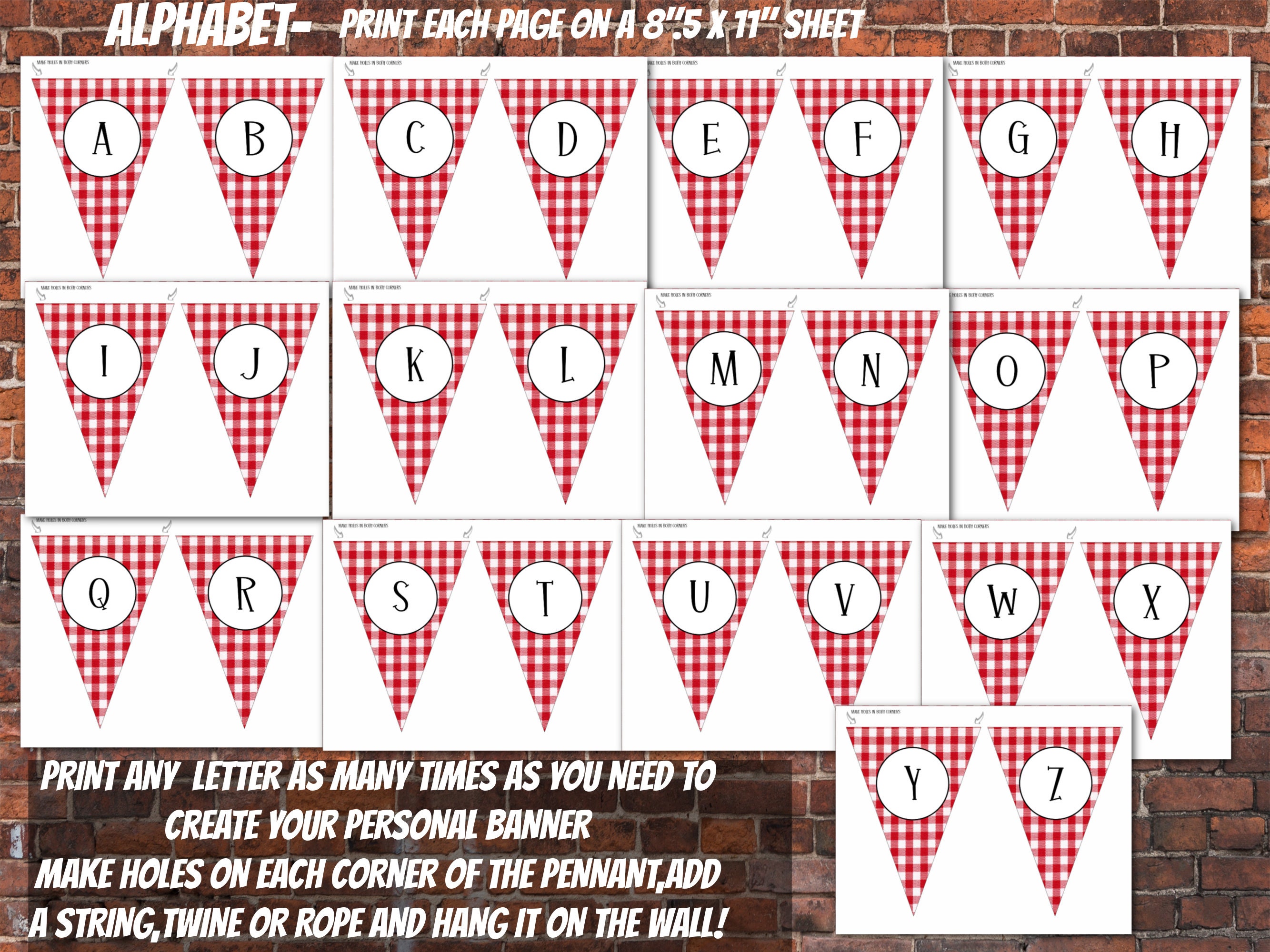 PRINTABLE Alphabet and Numbers Bunting Banner Digital Download Gingham ...