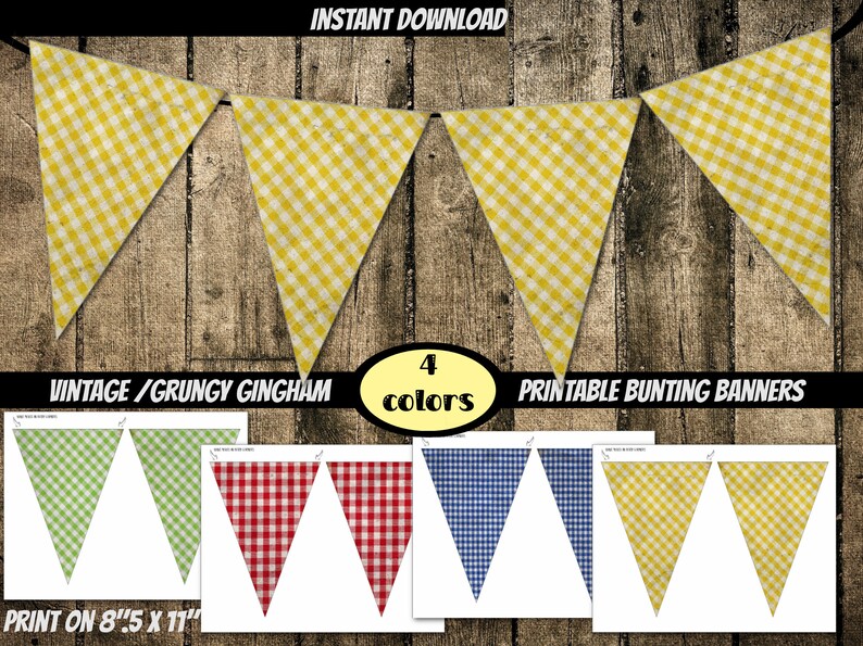 PRINTABLE Vintage Grungy Gingham Pennant Bunting Banner Digital ...
