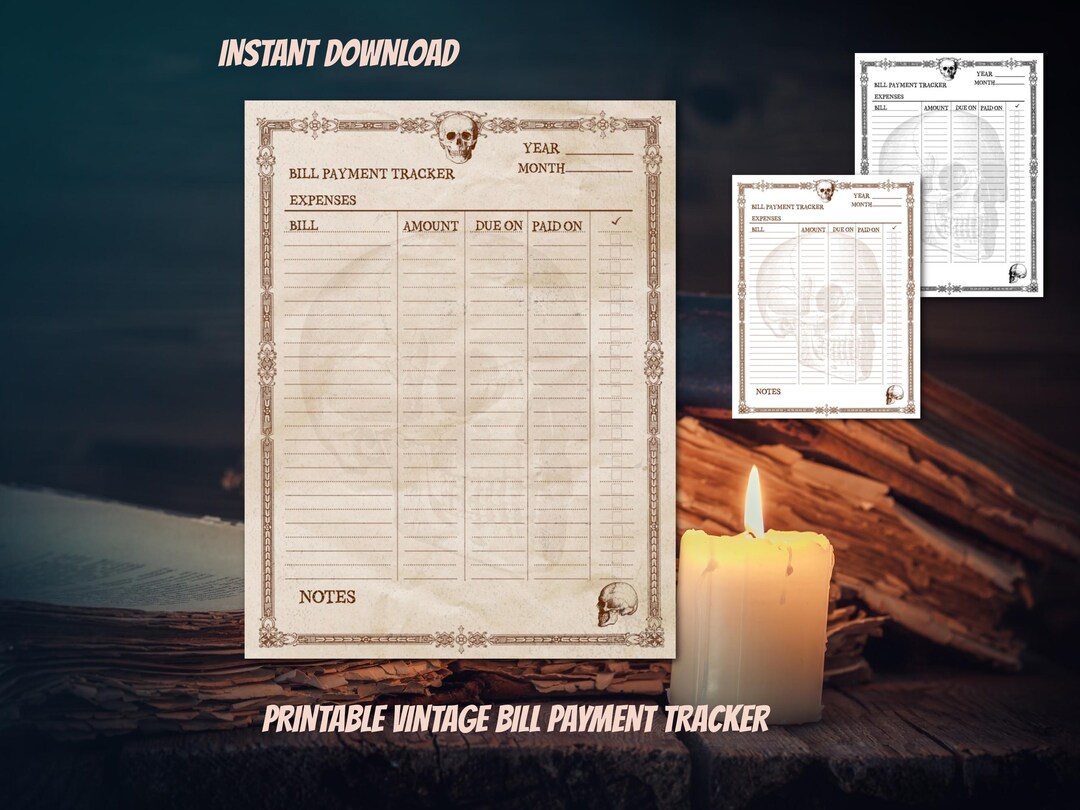 PRINTABLE Vintage Bill Payment Tracker Sheet Dark Academia Bills Log ...