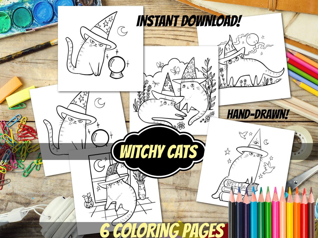 PRINTABLE Witch Cats Coloring Pages Bundle Spooky Cats Coloring Book ...