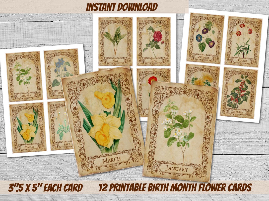 PRINTABLE Vintage Birth Flower Junk Journal Cards Bundle of 12 Digital ...
