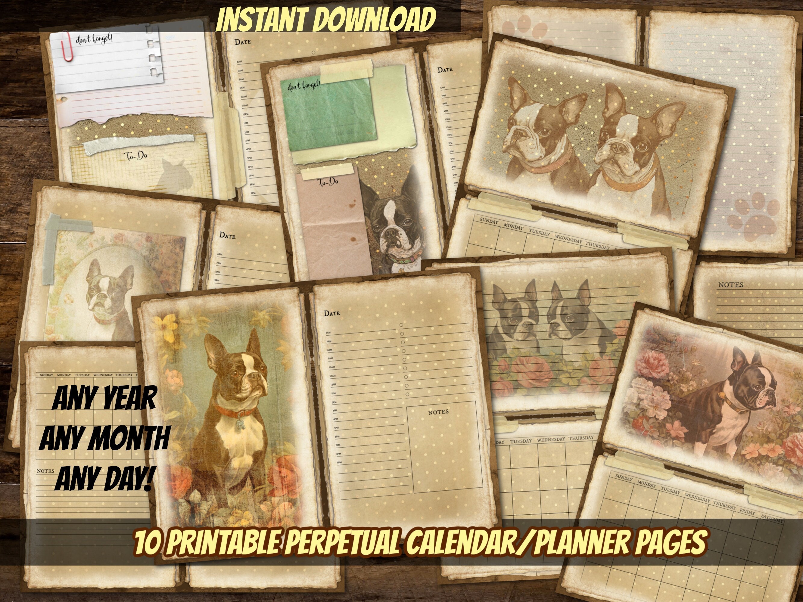 PRINTABLE Boston Terrier Perpetual Calendar Planner-vintage Dog Junk ...