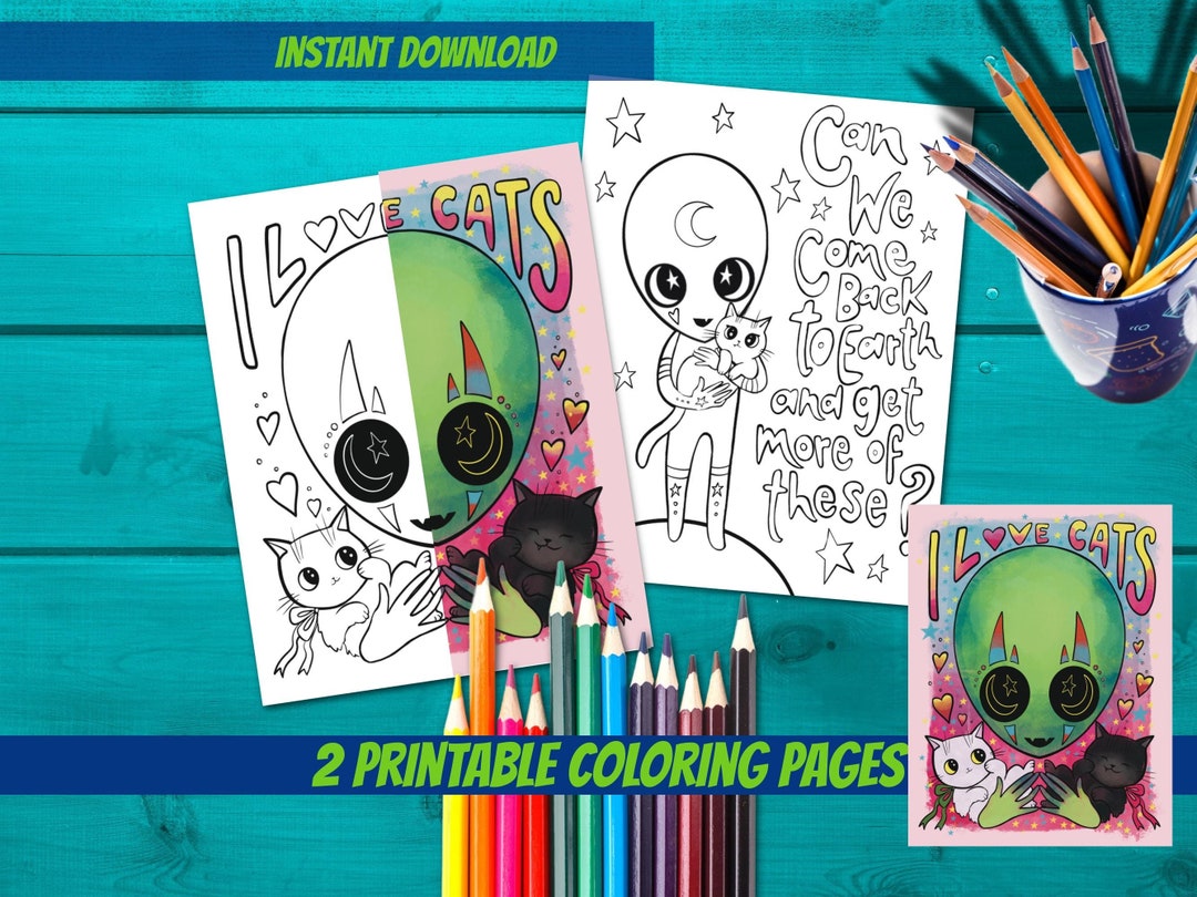 2 Hand Drawn Printable Coloring Pages Cute Aliens and Cats Digital ...