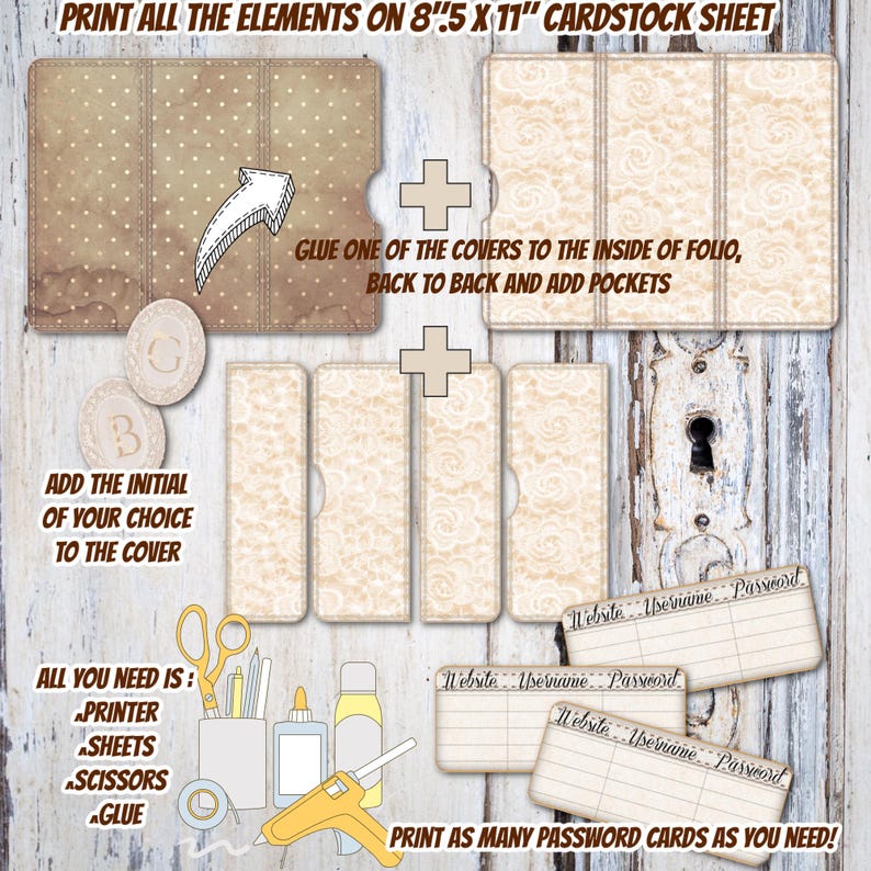 4 PRINTABLE Vintage Neutral Shabby Password Tracker Folios With Cards ...