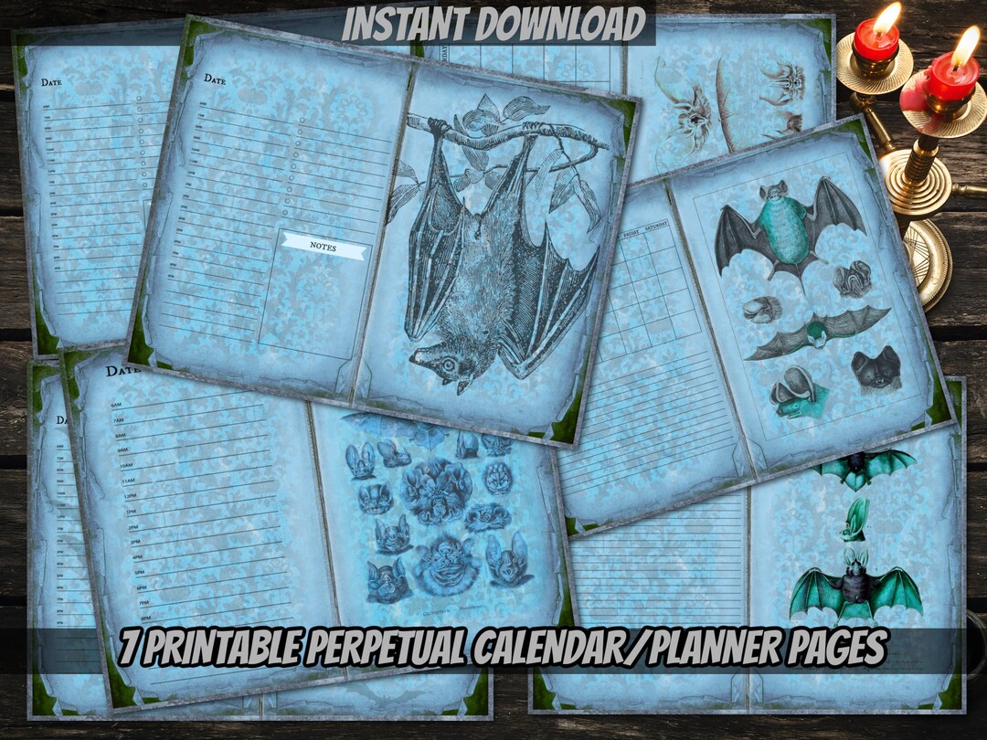 PRINTABLE Vintage Goth Bat Perpetual Calendar Planner Junk Journal ...