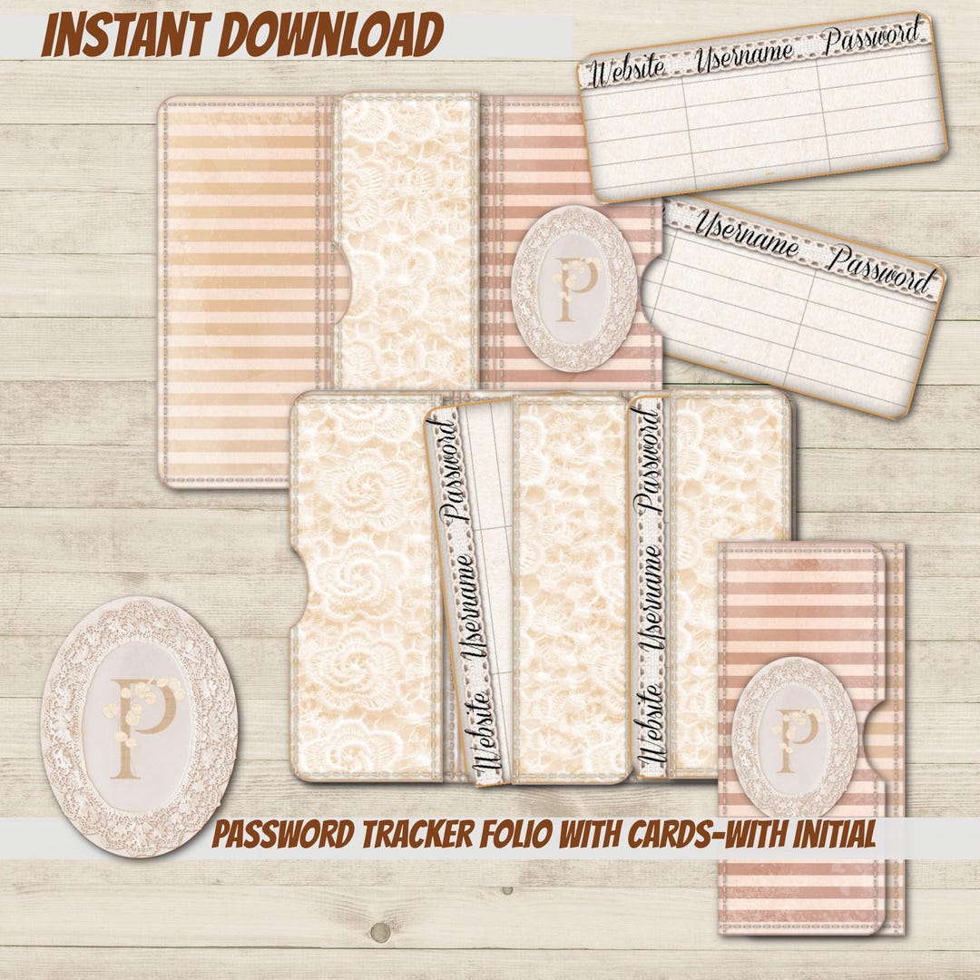 4 PRINTABLE Vintage Neutral Shabby Password Tracker Folios With Cards ...