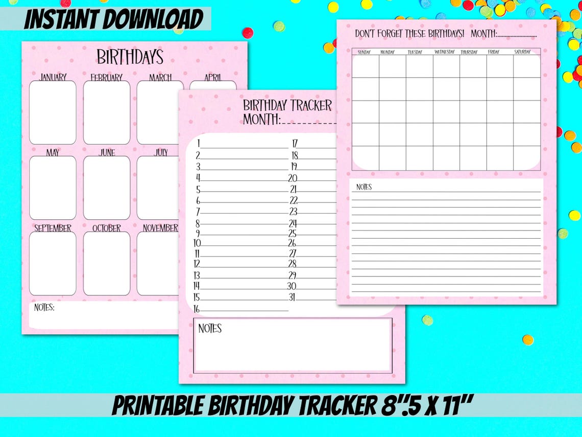 PRINTABLE Pink Polka Dot Birthday Tracker Sheet Bundle Instant Download ...